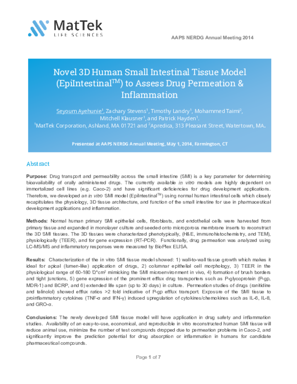 (PDF) Novel 3 D Human Small Intestinal Tissue Model ( EpiInestinal TM ...