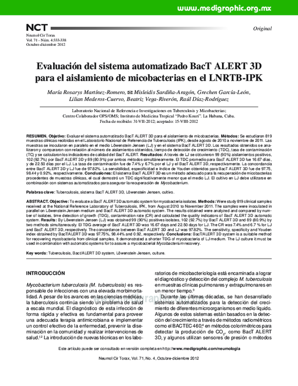 (PDF) Evaluación del sistema automatizado BacT ALERT 3D para el aislamiento de micobacterias en ...