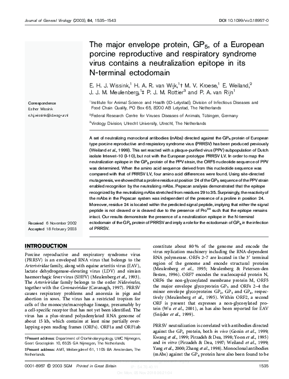 (PDF) The major envelope protein, GP5, of a European porcine ...