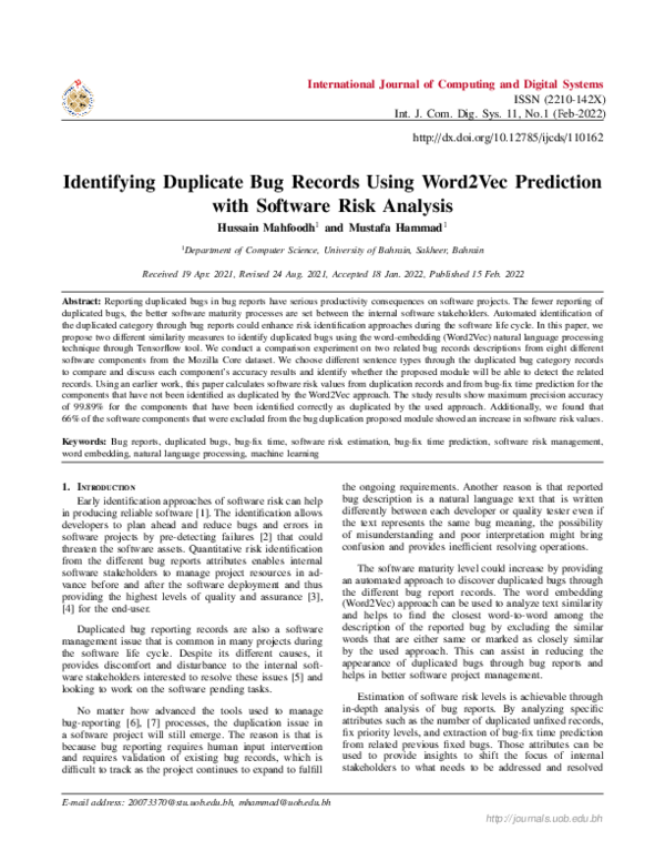 (PDF) Identifying Duplicate Bug Records Using Word2Vec Prediction with ...