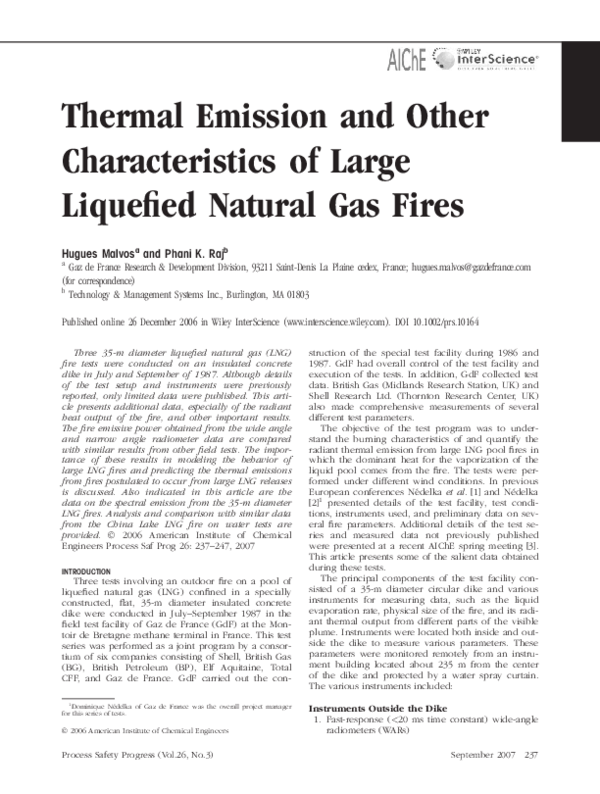 (PDF) Thermal emission and other characteristics of large liquefied natural gas fires | Phani ...