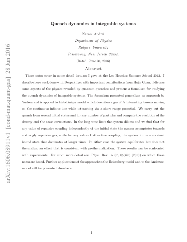 (PDF) Quench dynamics in integrable systems