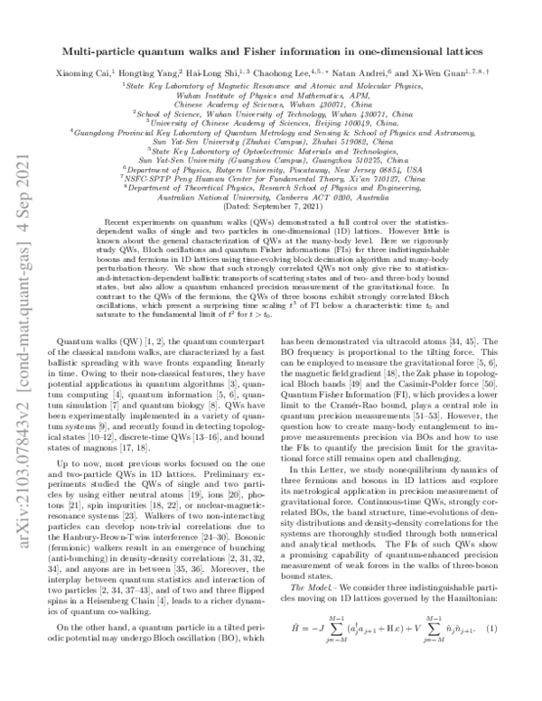 (PDF) Multiparticle Quantum Walks and Fisher Information in One-Dimensional Lattices