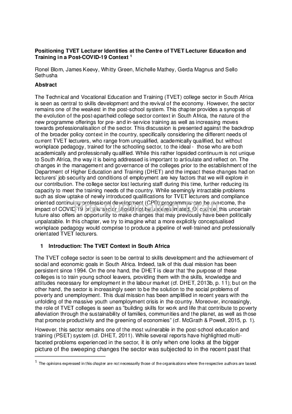 (PDF) Positioning TVET Lecturer Identities at the Centre of TVET ...
