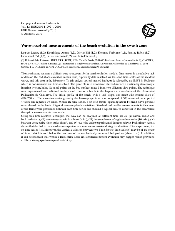 Pdf Wave Resolved Measurements Of The Beach Evolution In The Swash Zone Olivier Eiff