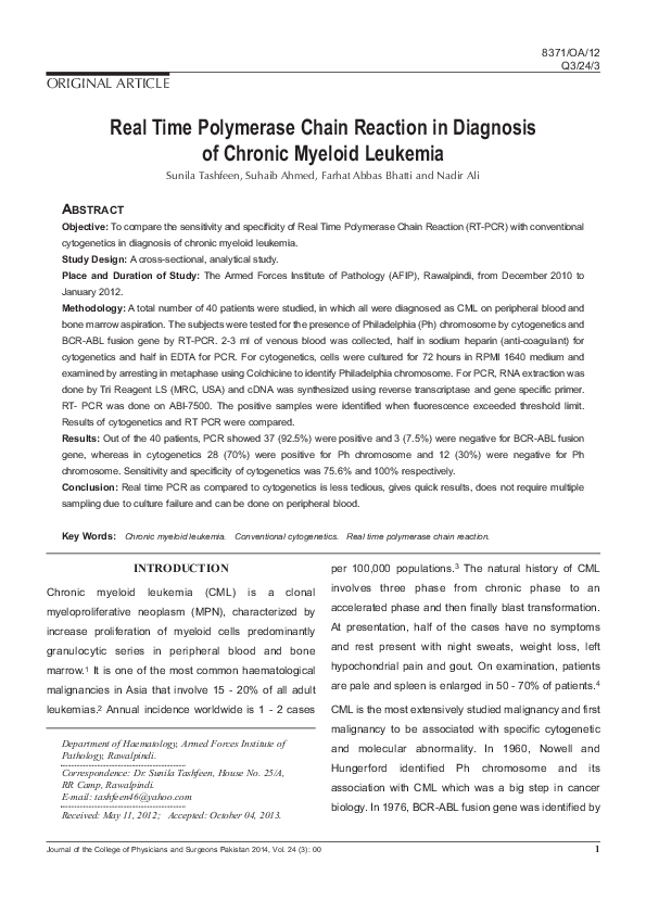 (PDF) Real time polymerase chain reaction in diagnosis of chronic myeloid leukemia | Farhat ...