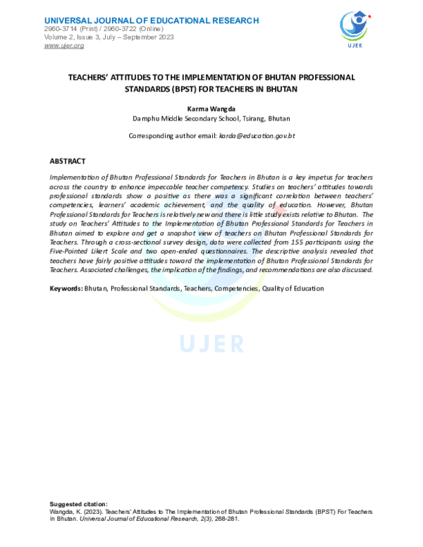 (PDF) Teachers' Attitudes to The Implementation of Bhutan Professional Standards (BPST) For ...