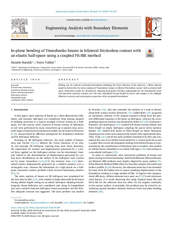 (PDF) In-plane bending of Timoshenko beams in bilateral frictionless contact with an elastic ...