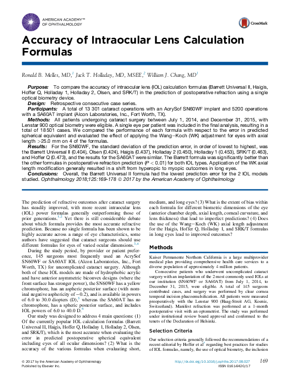 (PDF) Accuracy of Intraocular Lens Calculation Formulas