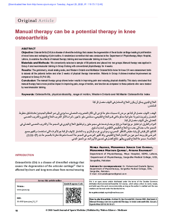 (PDF) Manual therapy can be a potential therapy in knee osteoarthritis