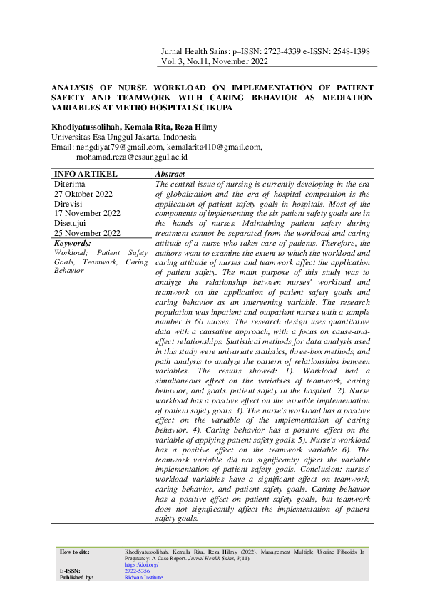 (PDF) Analysis Of Nurse Workload On Implementation Of Patient Safety And Teamwork With Caring ...