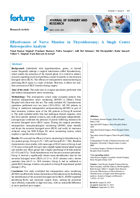 (PDF) Effectiveness of Nerve Monitor in Thyroidectomy; A Single Centre ...