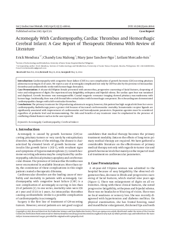 (PDF) Acromegaly With Cardiomyopathy, Cardiac Thrombus and Hemorrhagic ...