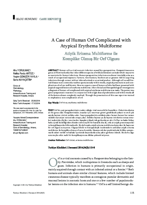 (PDF) A Case of Human Orf Complicated with Atypical Erythema Multiforme