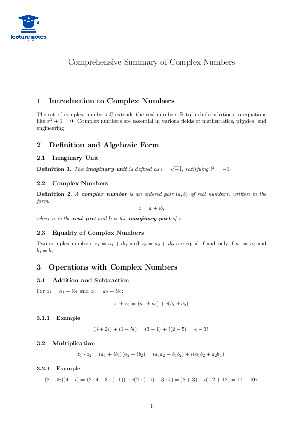 (PDF) Comprehensive Summary of Complex Numbers