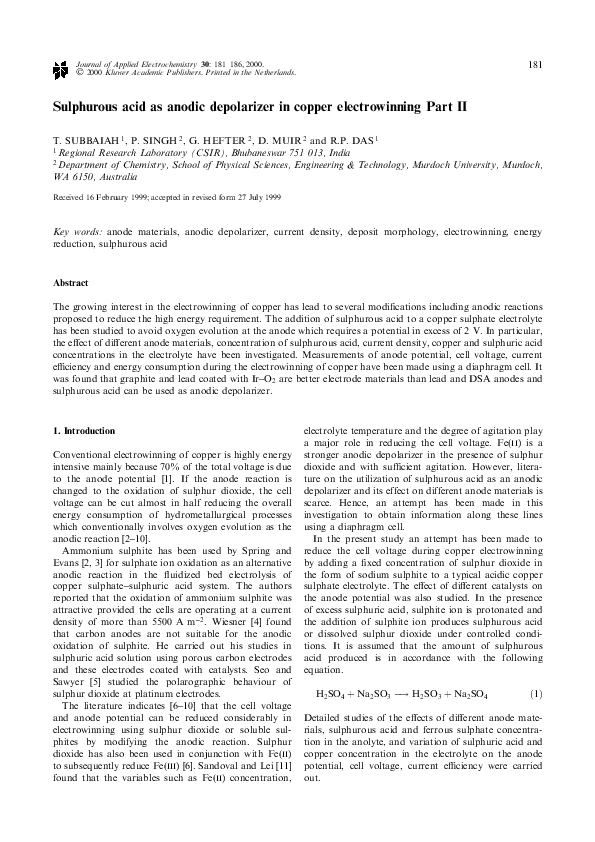 (PDF) Sulphurous acid as anodic depolarizer in copper electrowinning ...