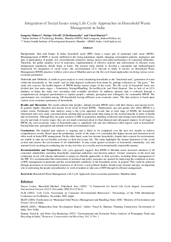 (PDF) Integration of Social Issues using Life Cycle Approaches in ...