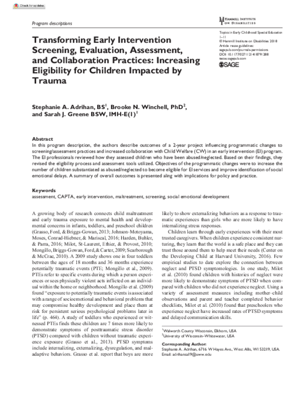 (PDF) Transforming Early Intervention Screening, Evaluation, Assessment ...