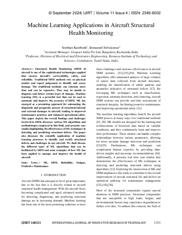 Pdf Machine Learning Applications In Aircraft Structural Health Monitoring