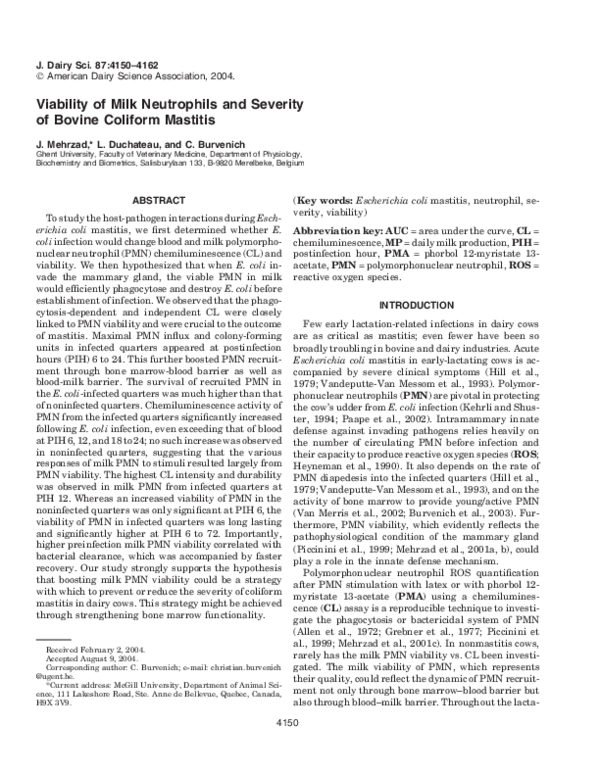 (PDF) Viability of Milk Neutrophils and Severity of Bovine Coliform ...