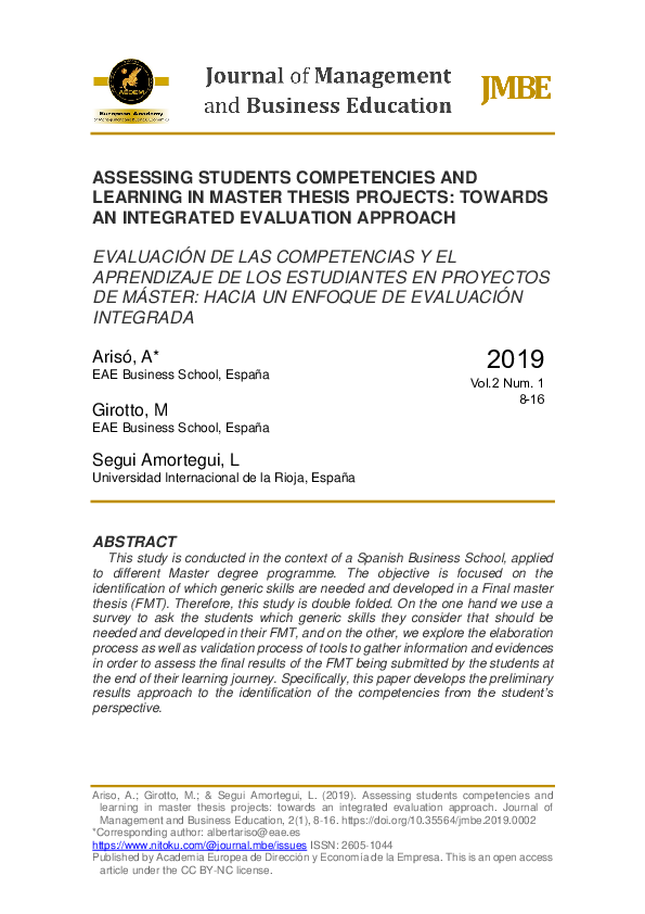 (PDF) Assessing Students Competencies and Learning in Master Thesis Projects: Towards an ...