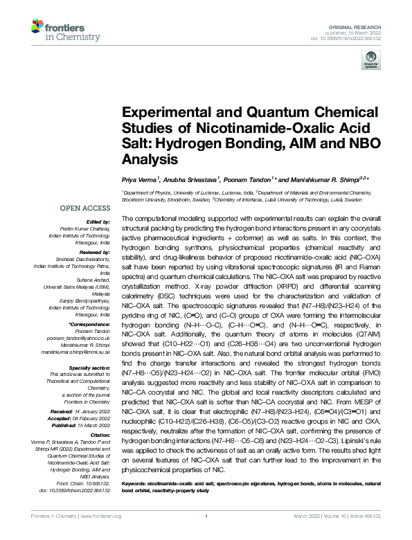(PDF) Experimental and Quantum Chemical Studies of Nicotinamide-Oxalic Acid Salt: Hydrogen ...