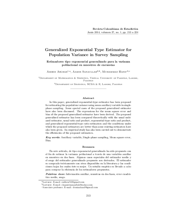 (PDF) Generalized Exponential Type Estimator for Population Variance in Survey Sampling