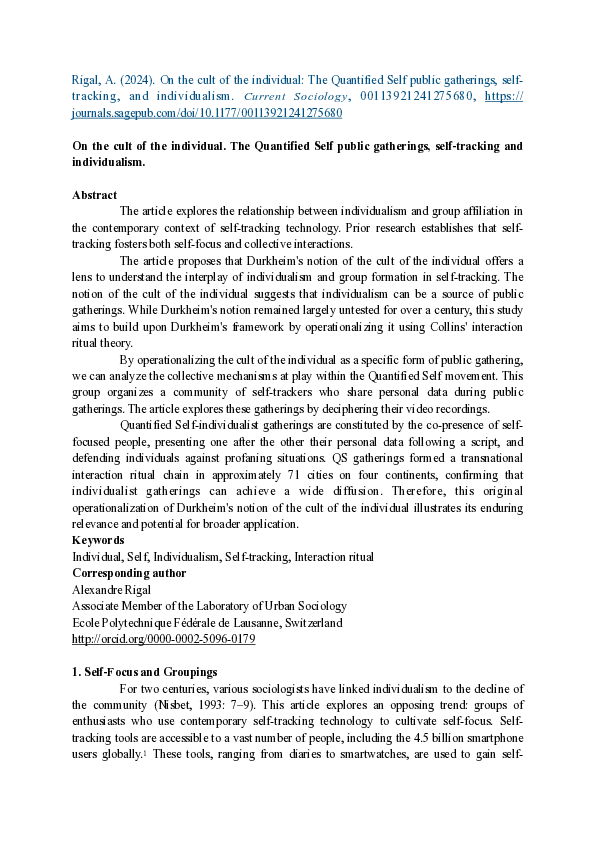 (PDF) On the cult of the individual. The Quantified Self public gatherings, self-tracking and ...