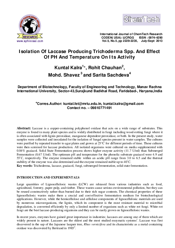 (PDF) Isolation Of Laccase Producing Trichoderma Spp. And Effect Of PH And Temperature On Its ...