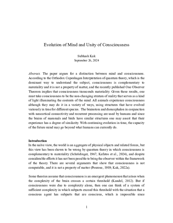 (PDF) Evolution of Mind and Unity of Consciousness
