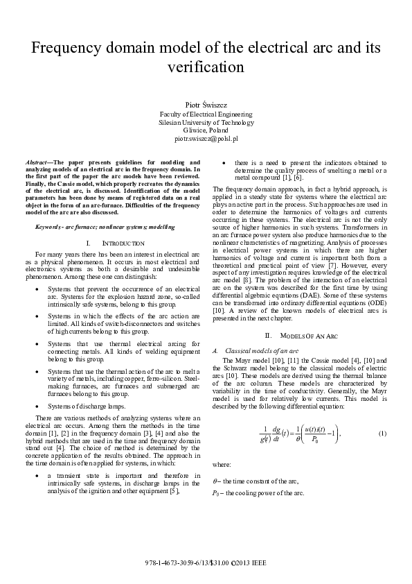 (PDF) Frequency domain model of the electrical arc and its verification