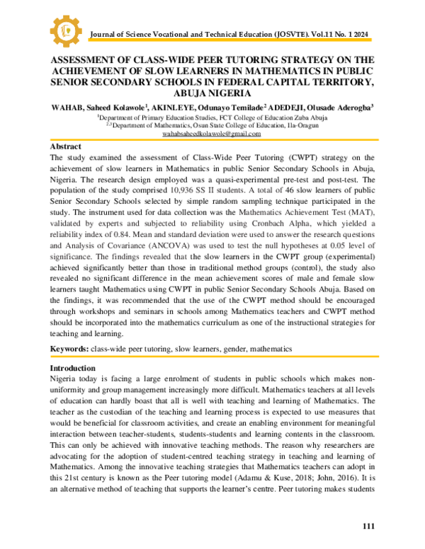 (PDF) ASSESSMENT OF CLASS-WIDE PEER TUTORING STRATEGY ON THE ...