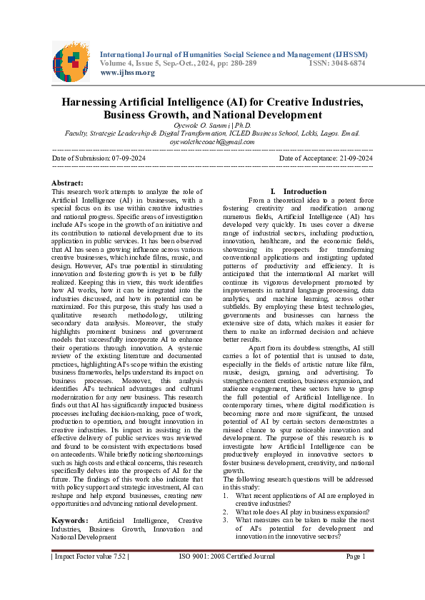 (PDF) Harnessing Artificial Intelligence AI for Creative Industries, Business Growth, and ...