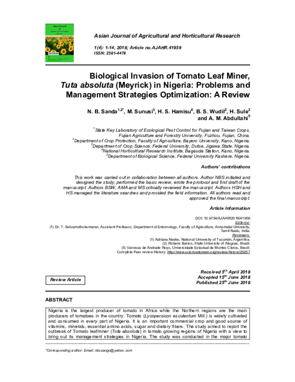 (PDF) Biological Invasion of Tomato Leaf Miner, Tuta absoluta (Meyrick) in Nigeria: Problems and ...