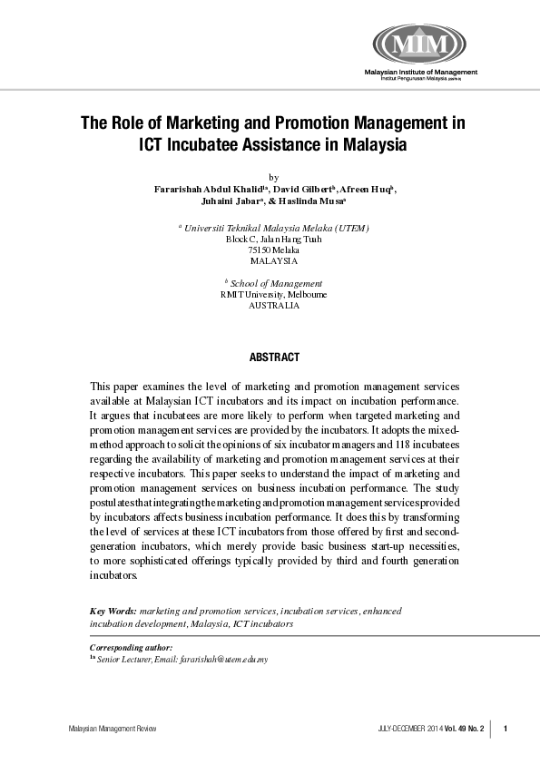 (PDF) The Role of Marketing and Promotion Management in ICT Incubatee ...