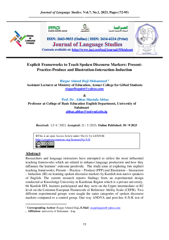 (PDF) Explicit Frameworks to Teach Spoken Discourse Markers: Present- Practice-Produce and ...