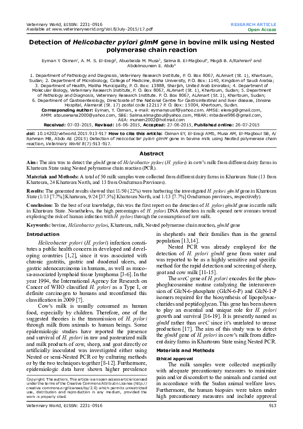 (PDF) Detection of Helicobacter pylori glmM gene in bovine milk using ...