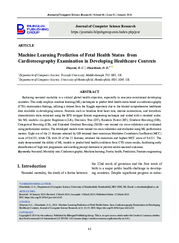 (PDF) Machine Learning Prediction of Fetal Health Status from Cardiotocography Examination in ...