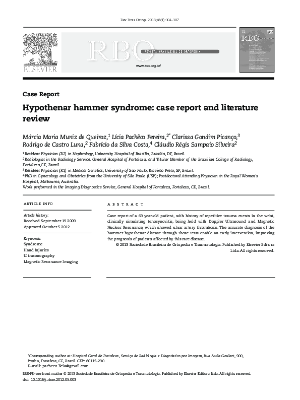 (PDF) Hypothenar hammer syndrome: case report and literature review