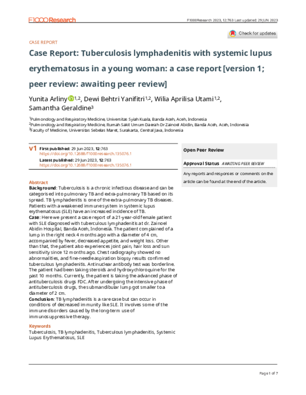 (PDF) Case Report: Tuberculosis lymphadenitis with systemic lupus erythematosus in a young woman ...