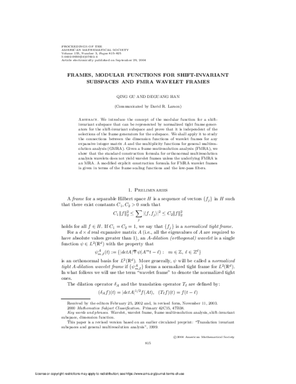 (PDF) Frames, modular functions for shift-invariant subspaces and FMRA wavelet frames