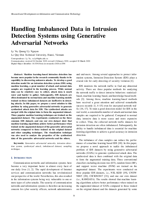 (PDF) Handling Imbalanced Data in Intrusion Detection Systems using Generative Adversarial Networks