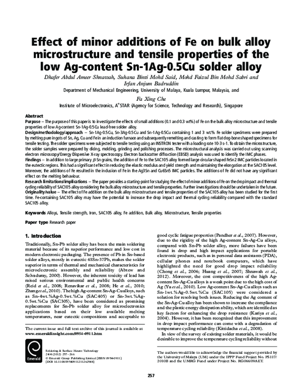 (PDF) Effect of minor additions of Fe on bulk alloy microstructure and tensile properties of the ...