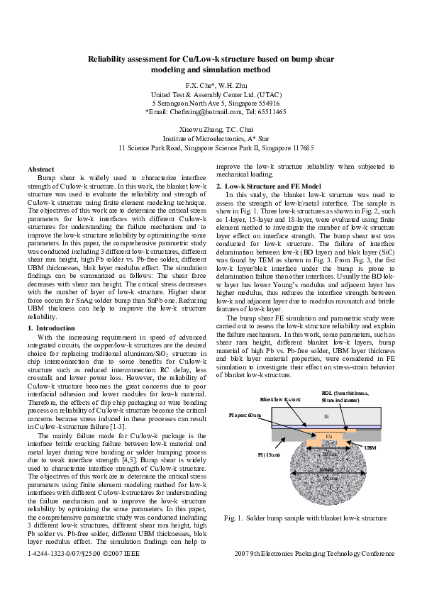 (PDF) Bump Shear Modeling for Cu/Low-k Reliability