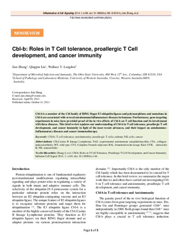(PDF) Cbl-b: Roles in T Cell Tolerance, Proallergic T Cell Development, and Cancer Immunity ...