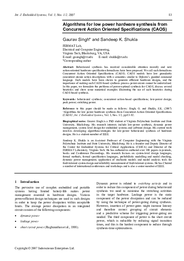 Pdf Algorithms For Low Power Hardware Synthesis From Concurrent