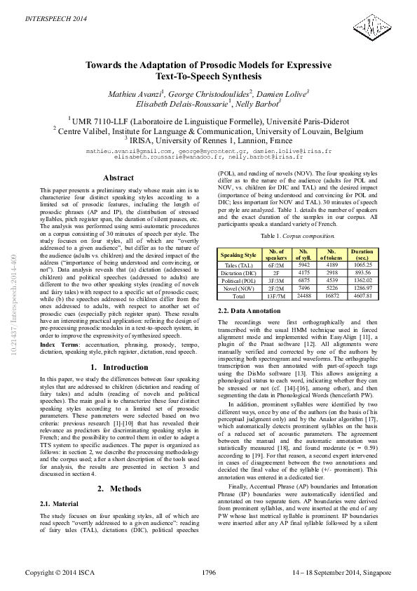 (PDF) Towards the adaptation of prosodic models for expressive text-to-speech synthesis