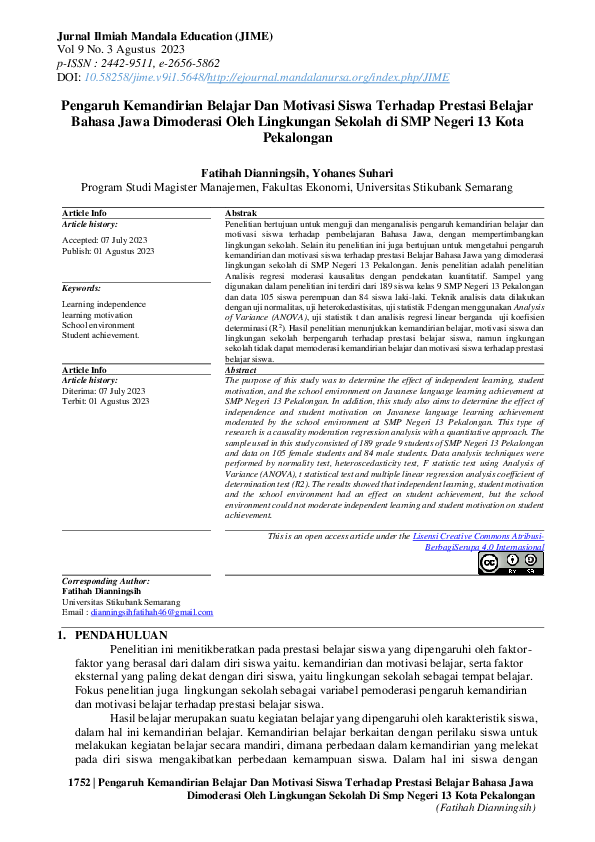 (PDF) Pengaruh Kemandirian Belajar Dan Motivasi Siswa Terhadap Prestasi Belajar Bahasa Jawa ...