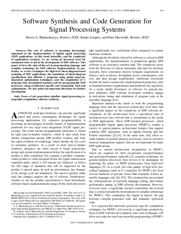 (PDF) Software synthesis and code generation for signal processing systems