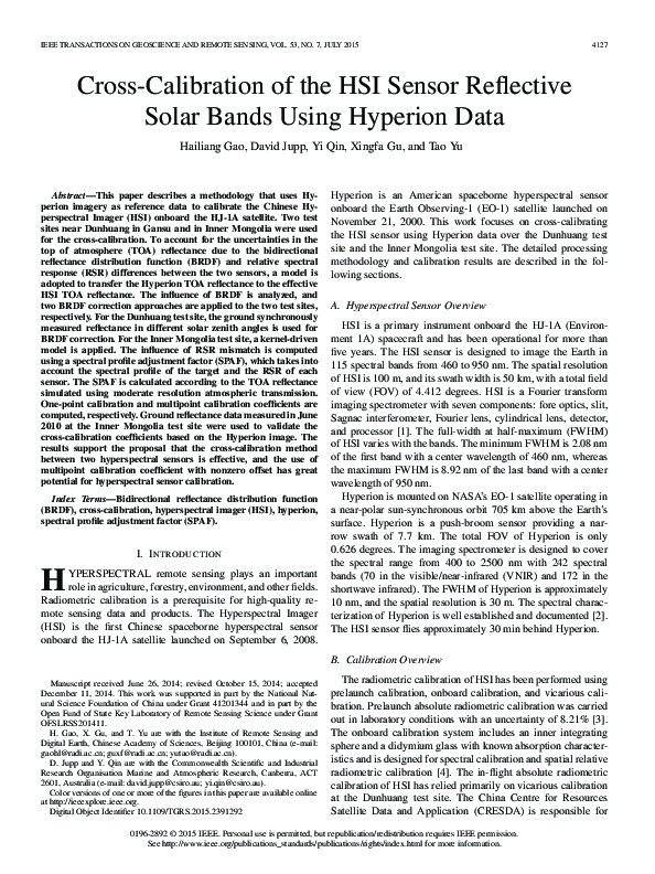 (PDF) Cross-Calibration of the HSI Sensor Reflective Solar Bands Using ...
